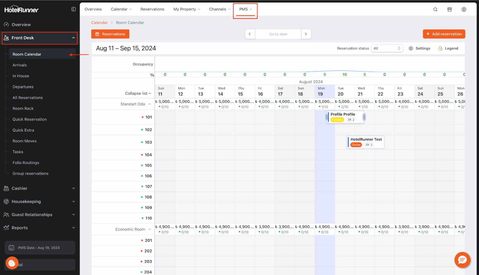 Quick Reservation on a Vacant Room (PMS > Room Calendar) | HotelRunner ...